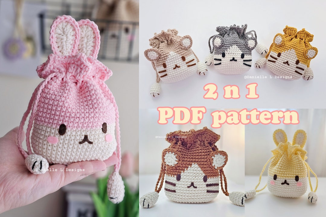 Bunny and Cat Drawstring Pouch Bag Crochet Pattern | 2 in 1 Crochet ...