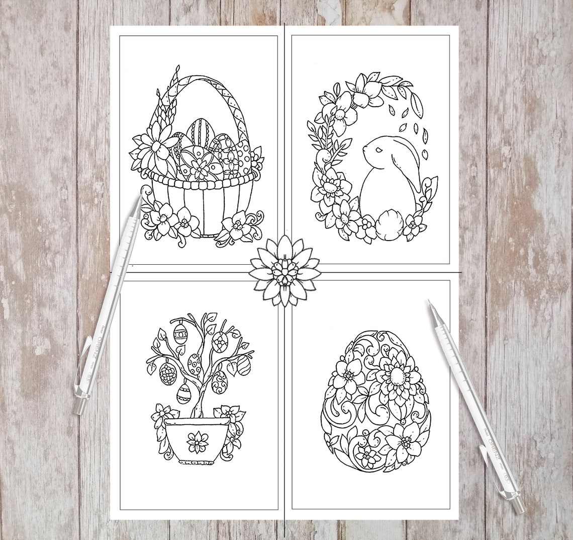 Set of 2 - Happy Easter - Printable Adult Coloring Pages (coloring Book ...