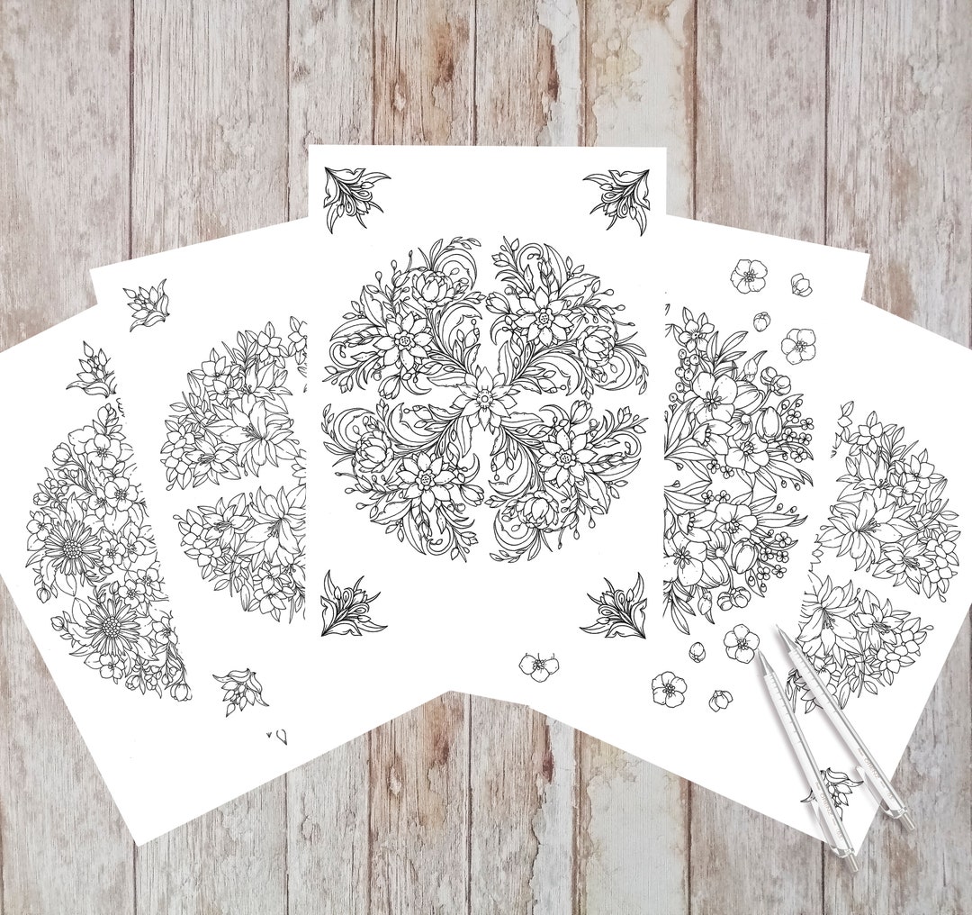 Set of 5 - Floral Mandalas - Printable Adult Coloring Pages (coloring ...
