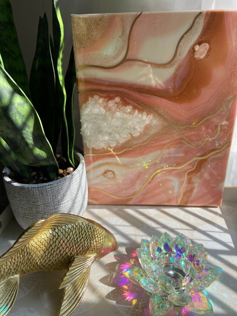 Rose Gold Resin Geode Canvas Crystal Quartz Detail - Etsy