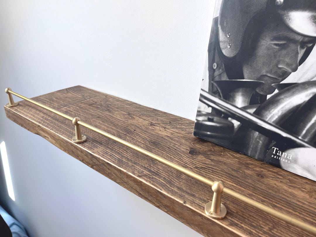 Floating Wooden Scaffold Shelf, Solid Brass Gallery Rail, Wall Shelf ...