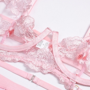 3 Pieces Orange Floral Embroidery Lingerie Set, Underwire Bra Panty ...