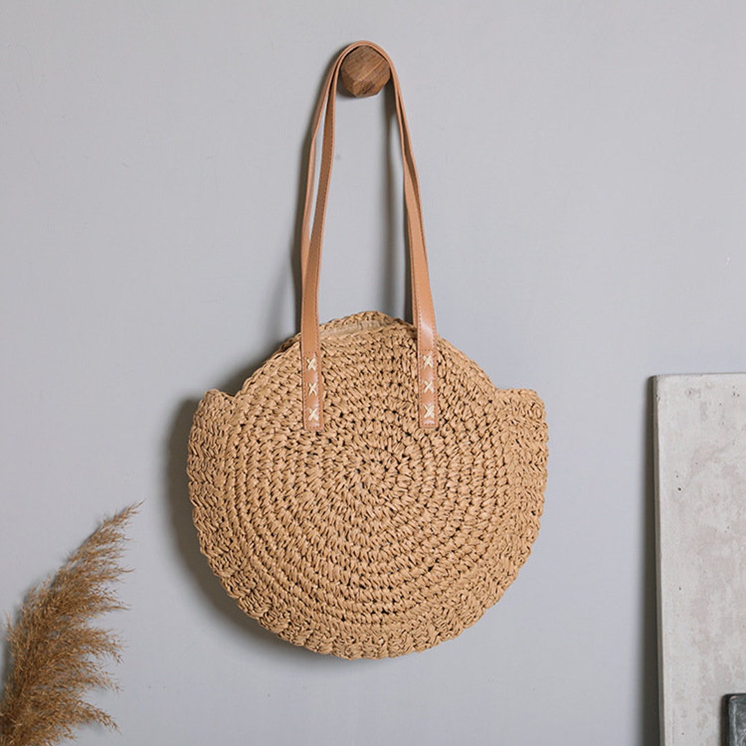 Round Straw Tote Bag Handmade Rattan Wicker Bag Bohemian - Etsy