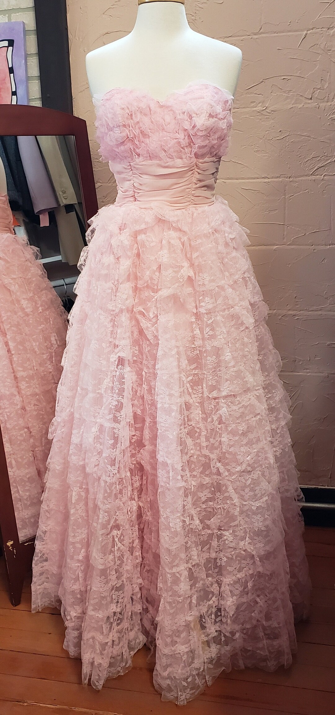 Pretty in Pink Vintage 50's Pink Layered Lace Strapless 1958 Prom Gown ...