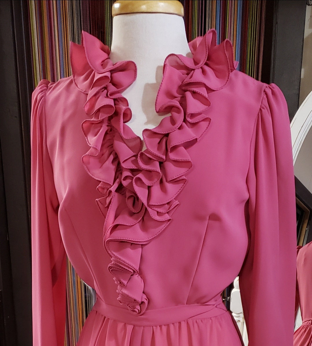 Vintage 1960 or 1970 NADINE Sheer Rose Long Sleeve Deep-v Ruffle Maxi ...