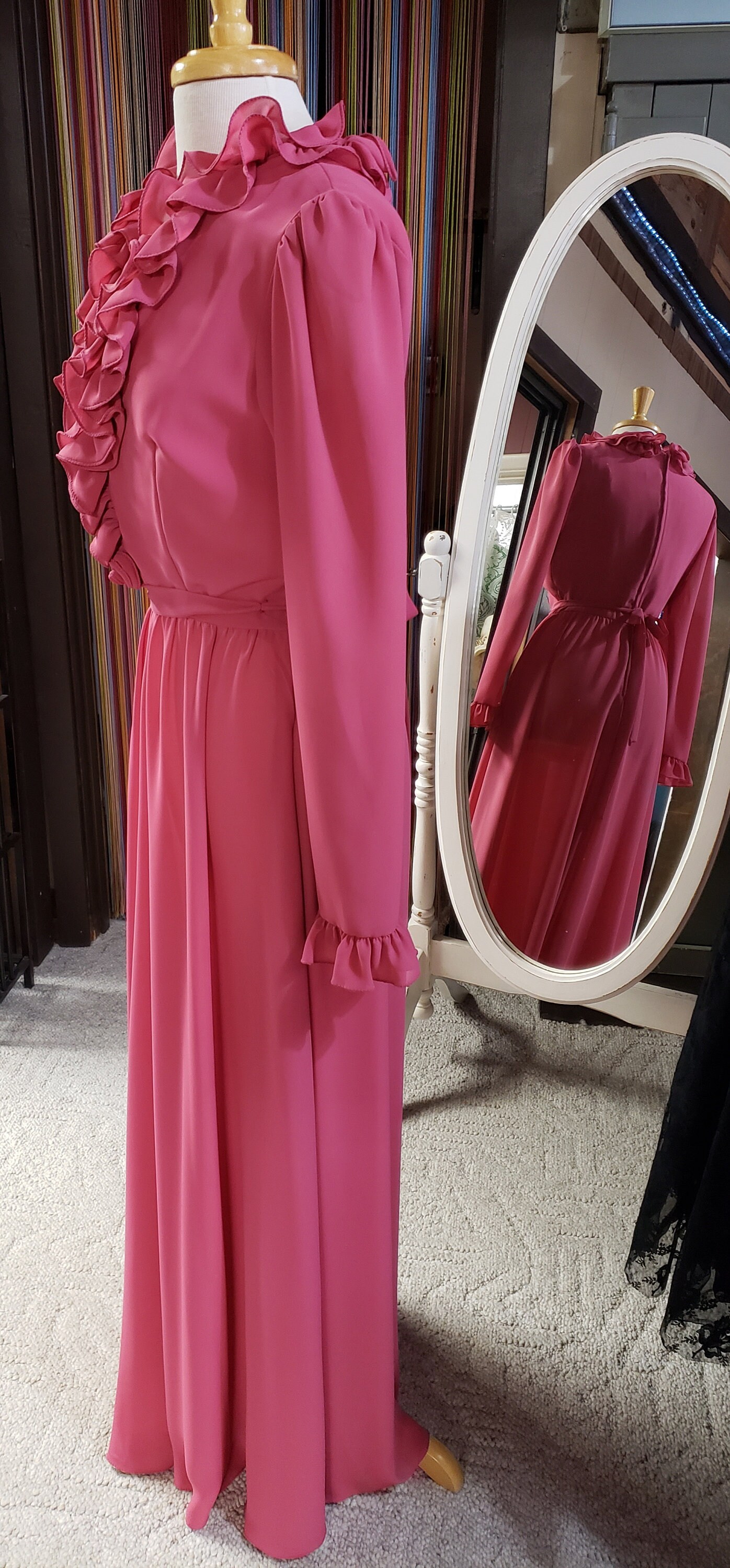 Vintage 1960 or 1970 NADINE Sheer Rose Long Sleeve Deep-v Ruffle Maxi ...