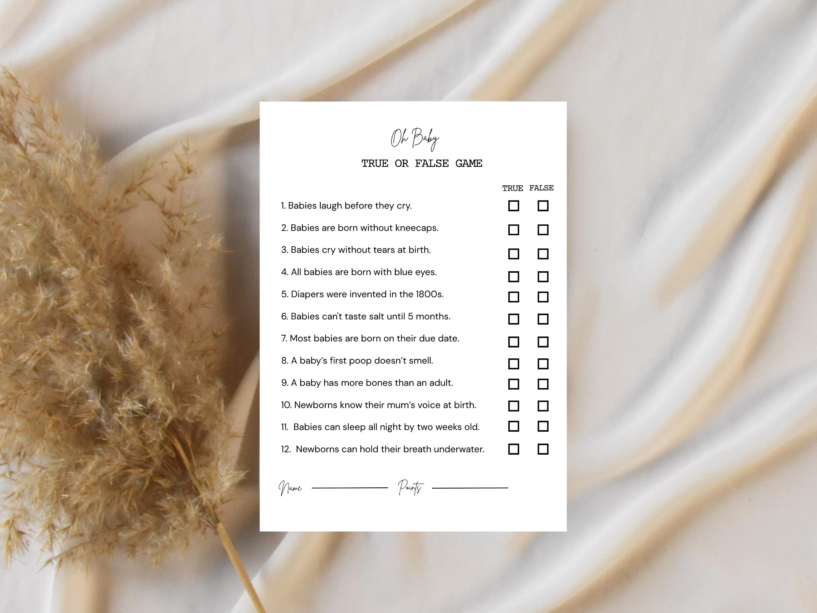 True or False Baby Shower Game, Printable Baby Shower True or False ...