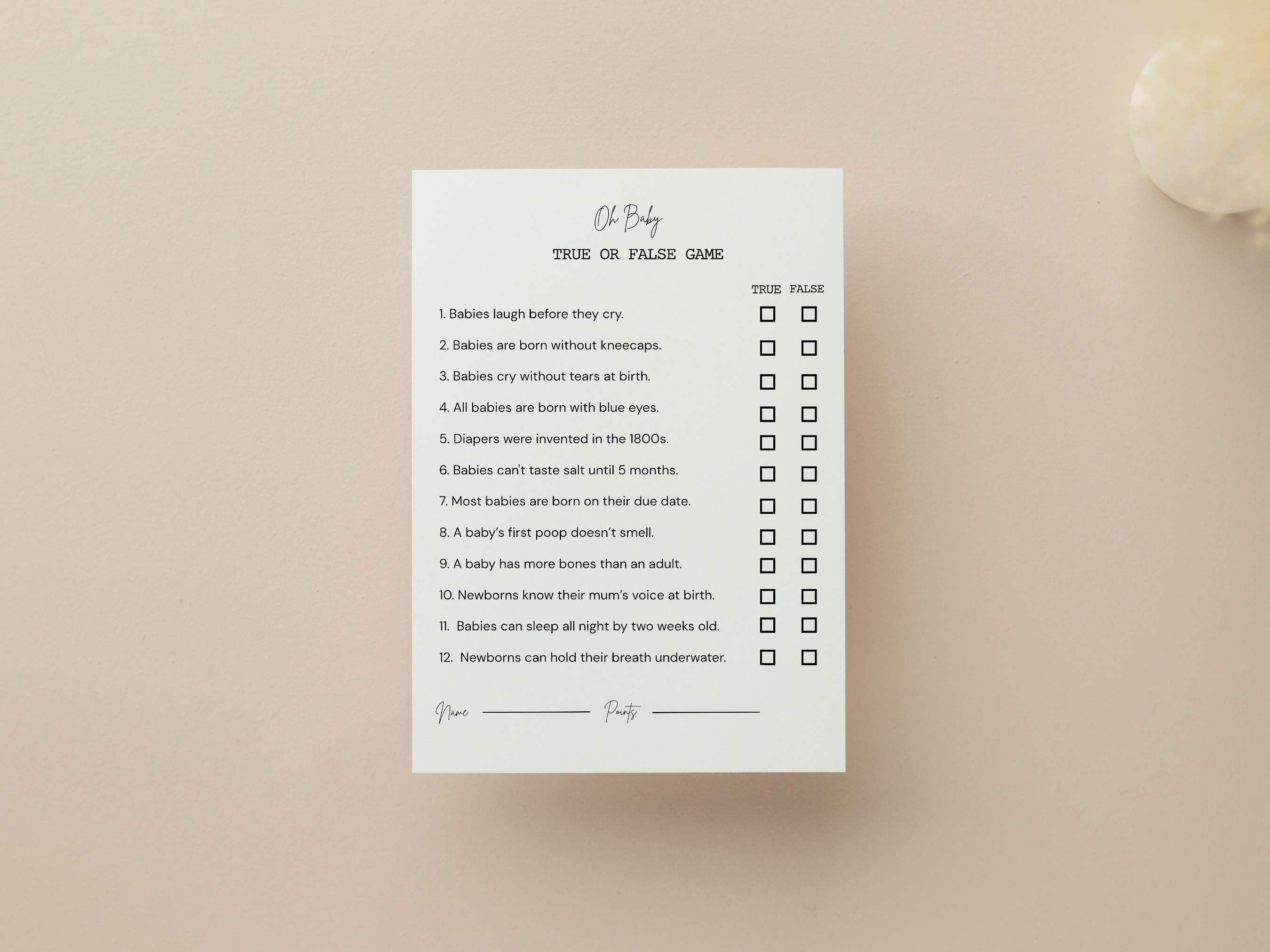 True or False Baby Shower Game, Printable Baby Shower True or False ...