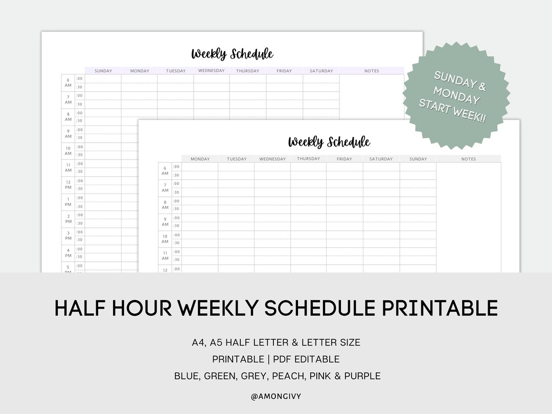 Half Hour Weekly Schedule Printable, Weekly Planner Landscape, Weekly ...