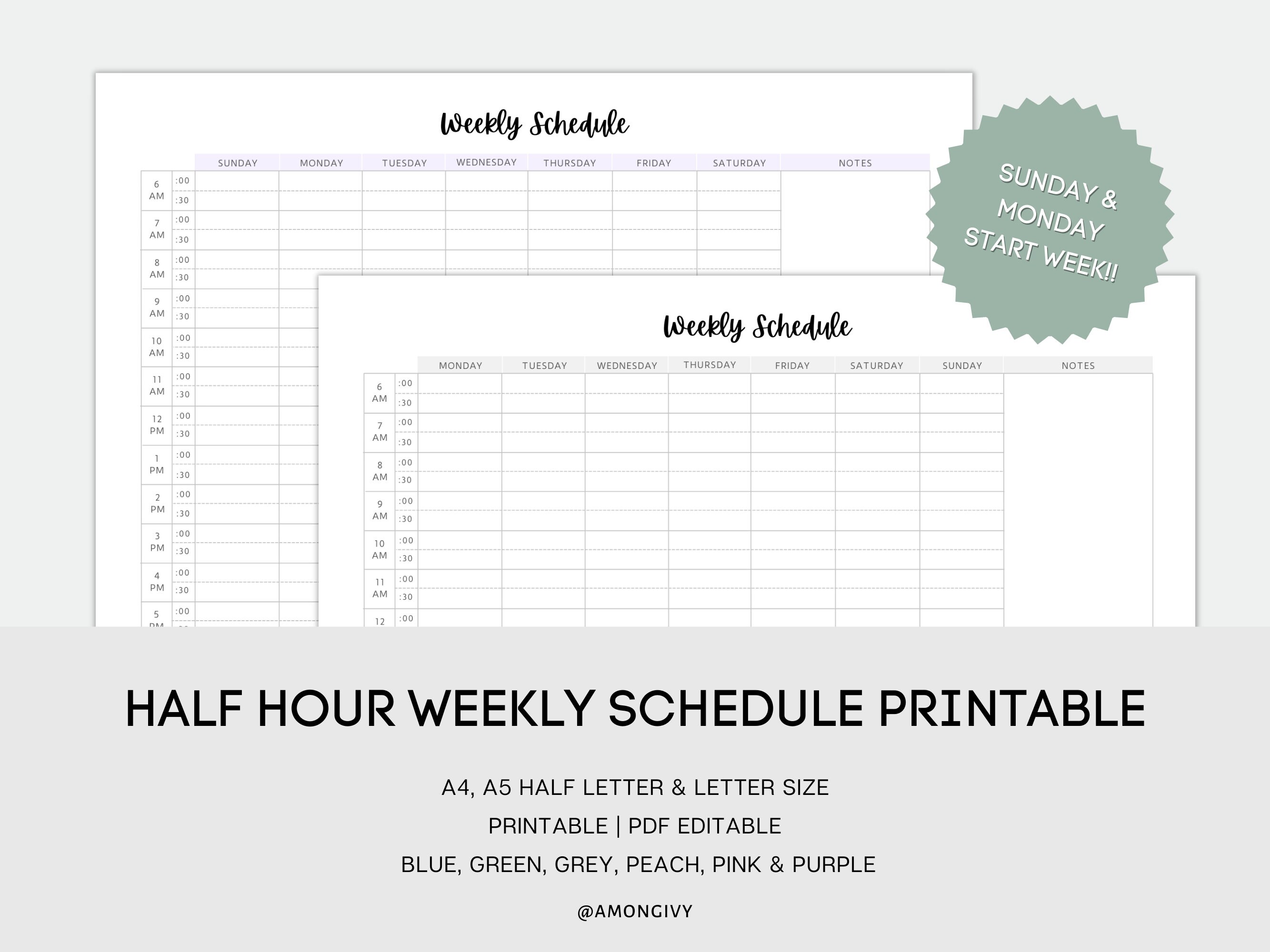 Half Hour Weekly Schedule Printable, Weekly Planner Landscape, Weekly ...