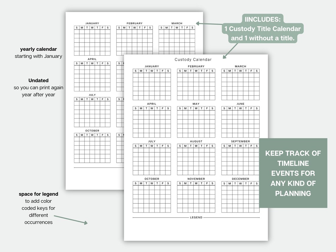 Undated Minimalistic Calendars | Track Timeline Events | Child Custody ...