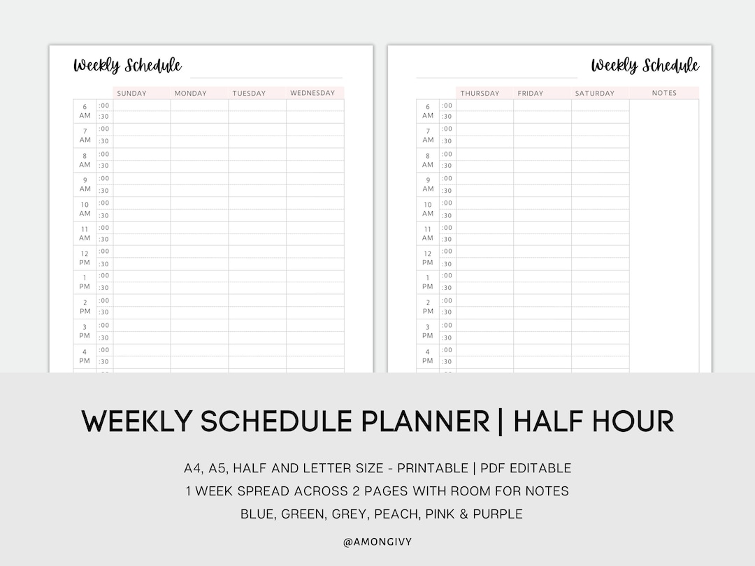 Half Hour Weekly Schedule Printable, Weekly Planner Insert, Weekly ...