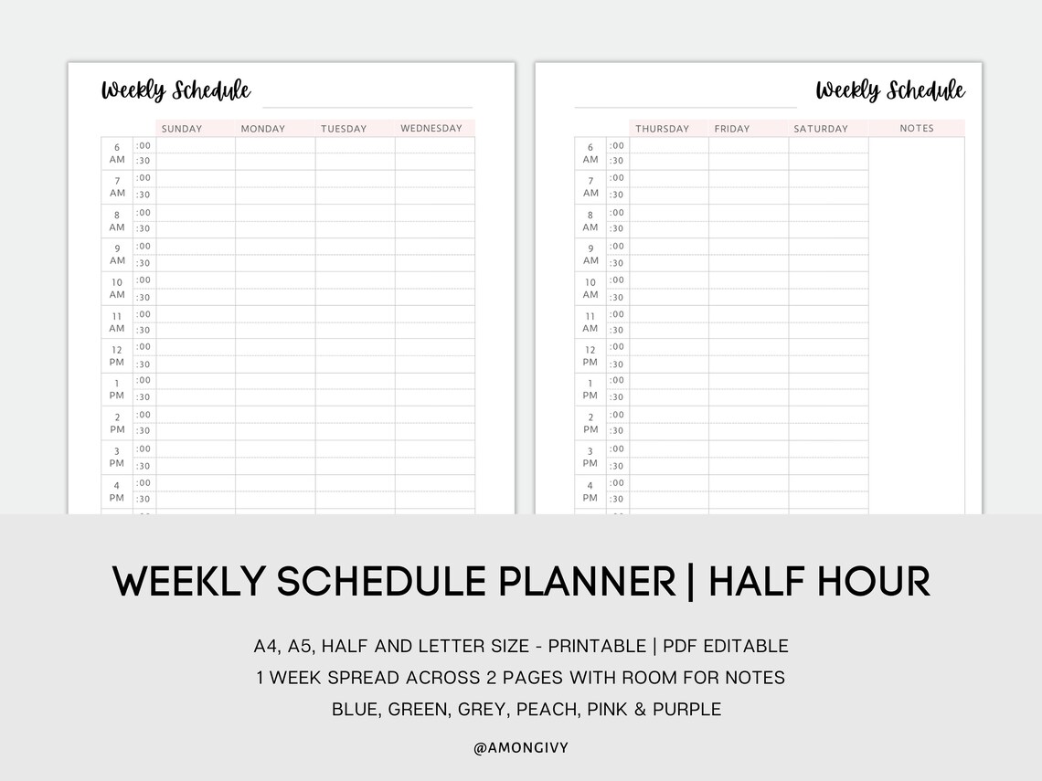 Half Hour Weekly Schedule Printable, Weekly Planner Insert, Weekly ...