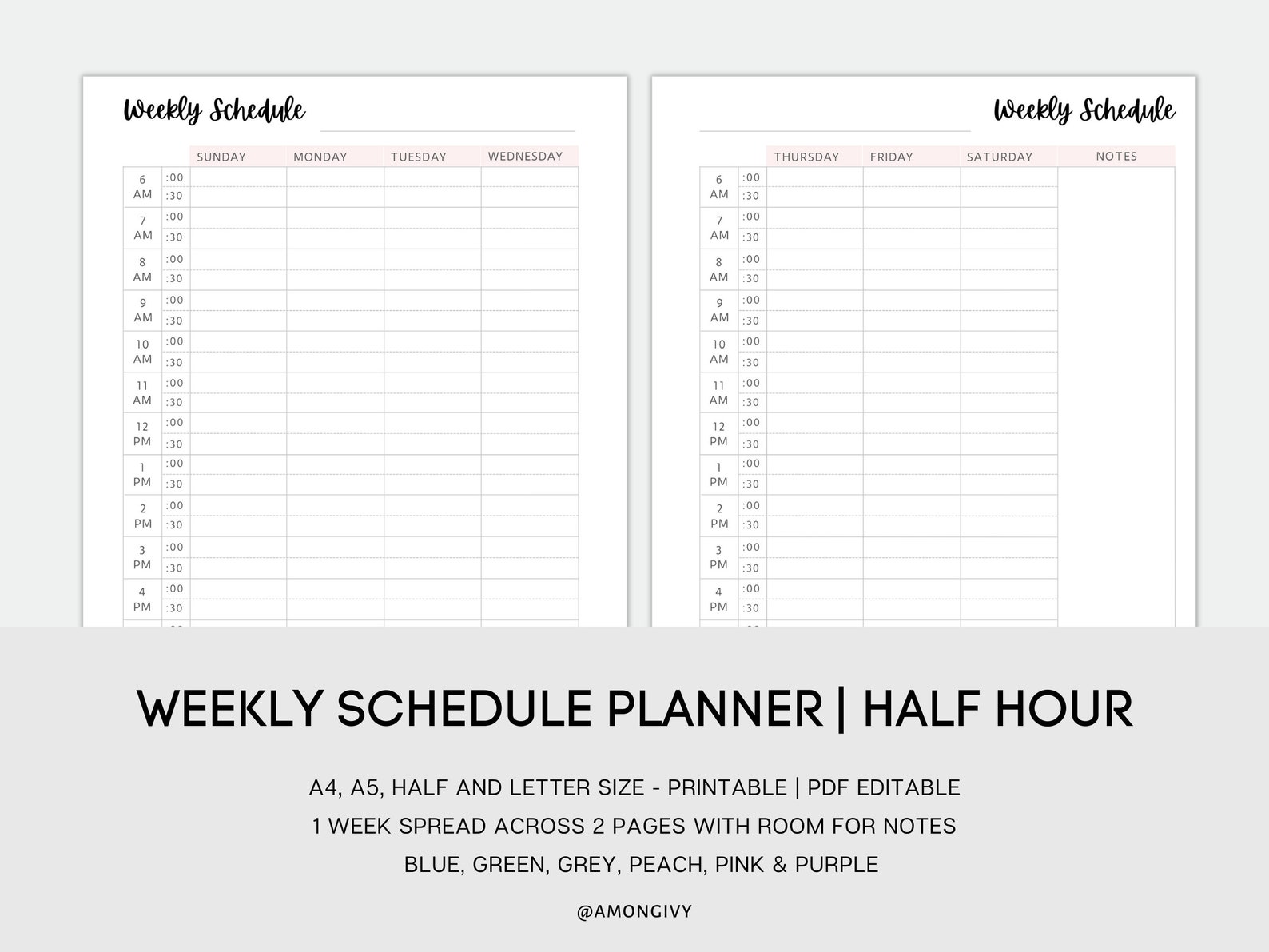 Half Hour Weekly Schedule Printable, Weekly Planner Insert, Weekly ...