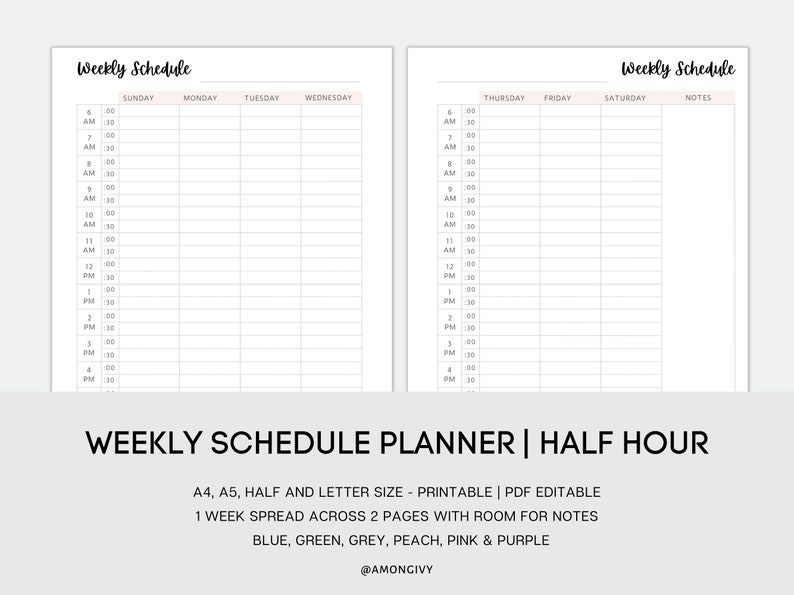 Half Hour Weekly Schedule Printable, Weekly Planner Insert, Weekly ...