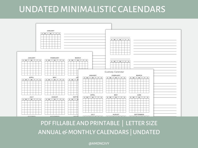 Undated Minimalistic Calendars | Track Timeline Events | Child Custody ...