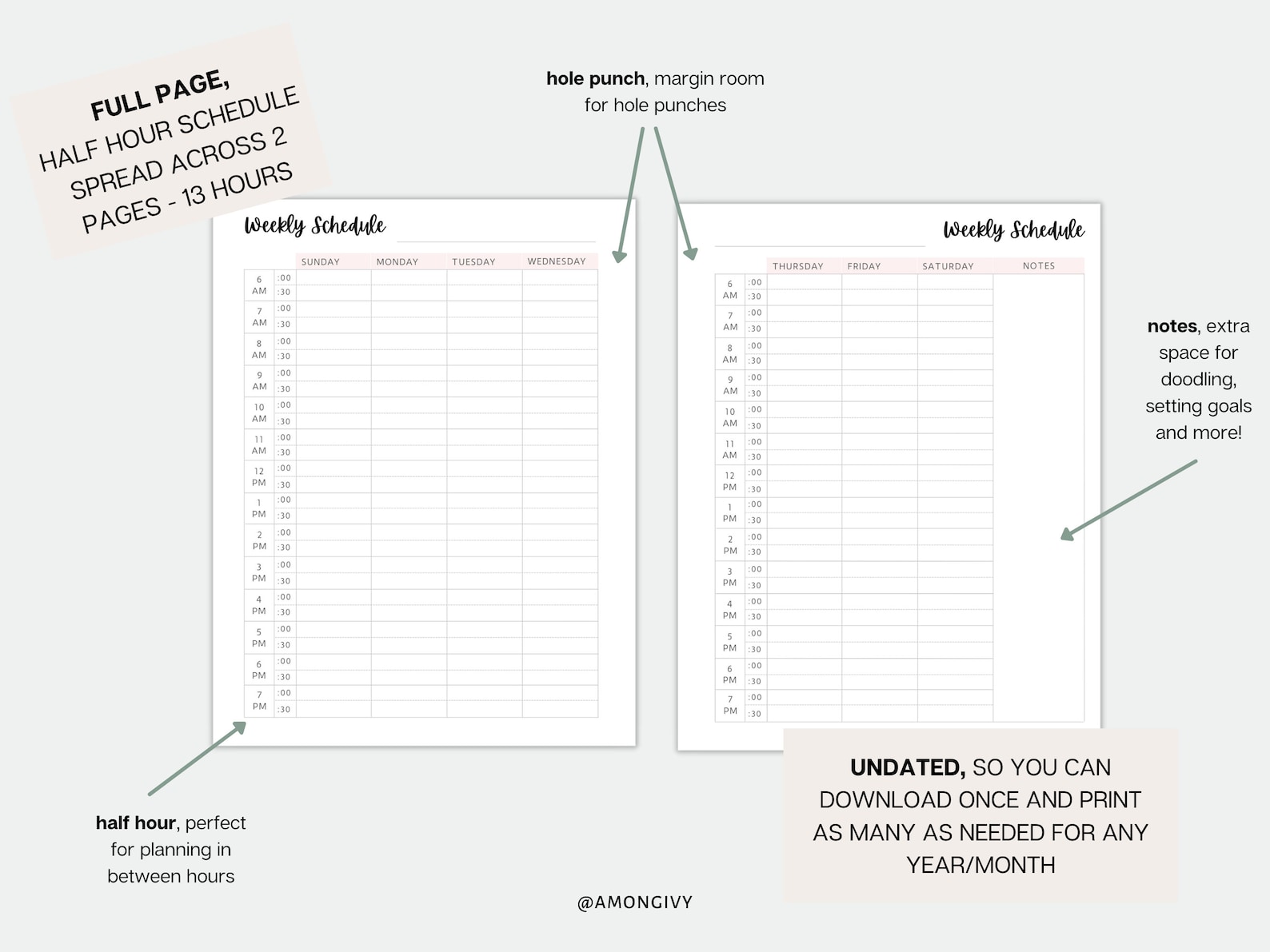 Half Hour Weekly Schedule Printable, Weekly Planner Insert, Weekly ...