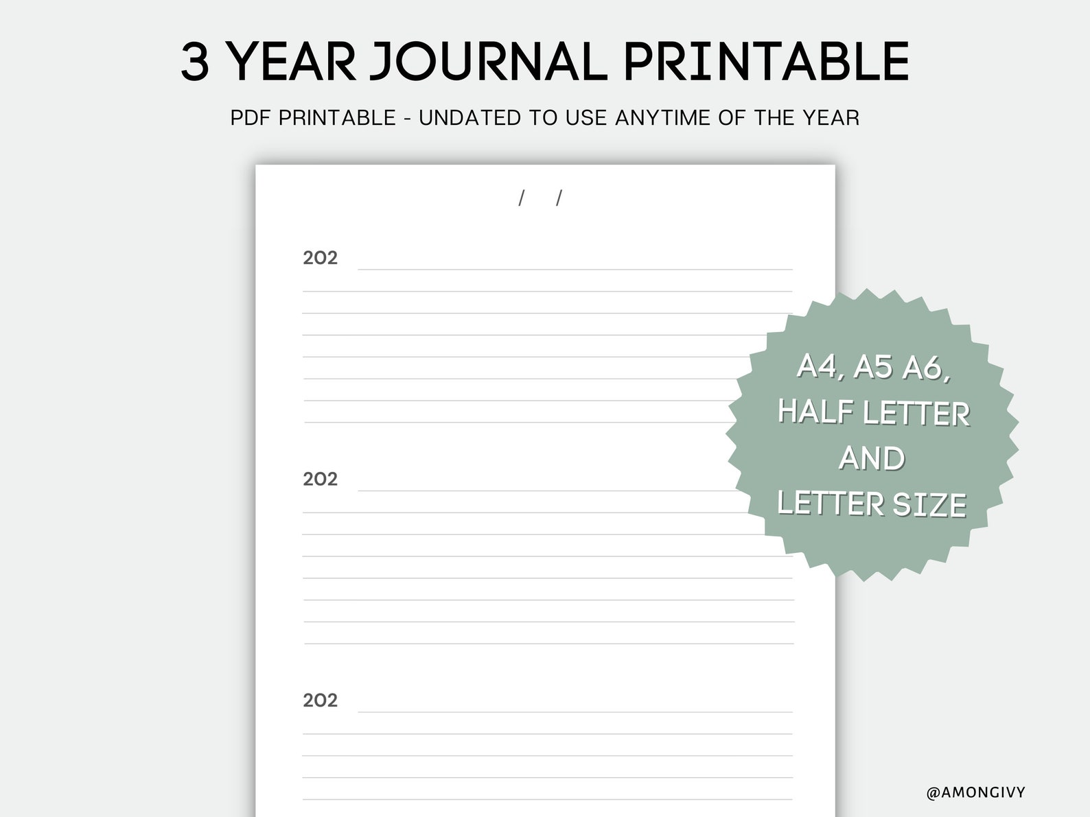 3 Year Journal Printable, Daily Journaling, One Line a Day for 3 Years ...