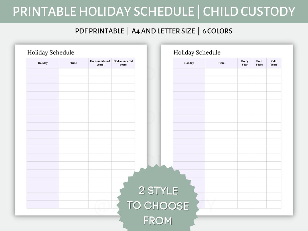 Printable Holiday Schedule for Child Custody | Medical Records for ...