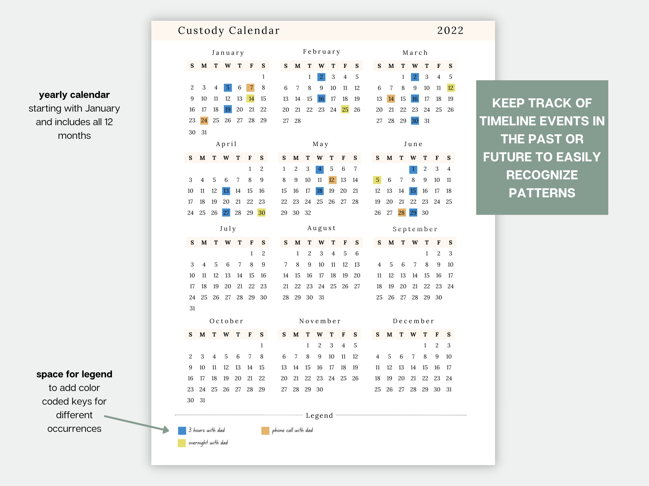 Custody Calendar for Tracking Timeline Events, Visitations, Phone Calls ...