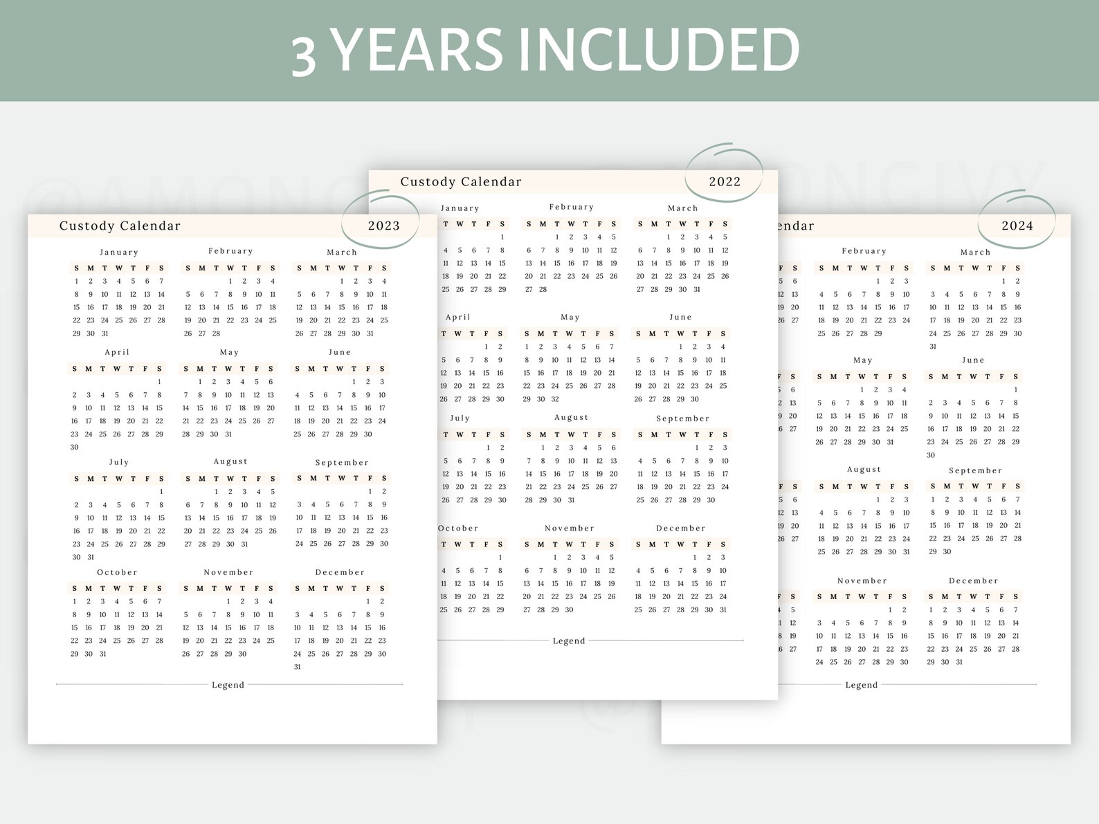 Custody Calendar for Tracking Timeline Events, Visitations, Phone Calls ...