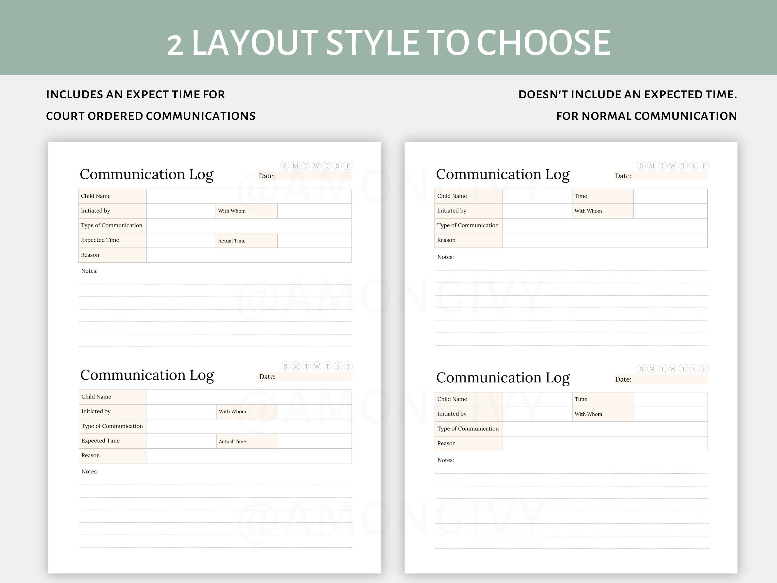 Communication Log for Child Custody Co-parenting, Single Parent ...