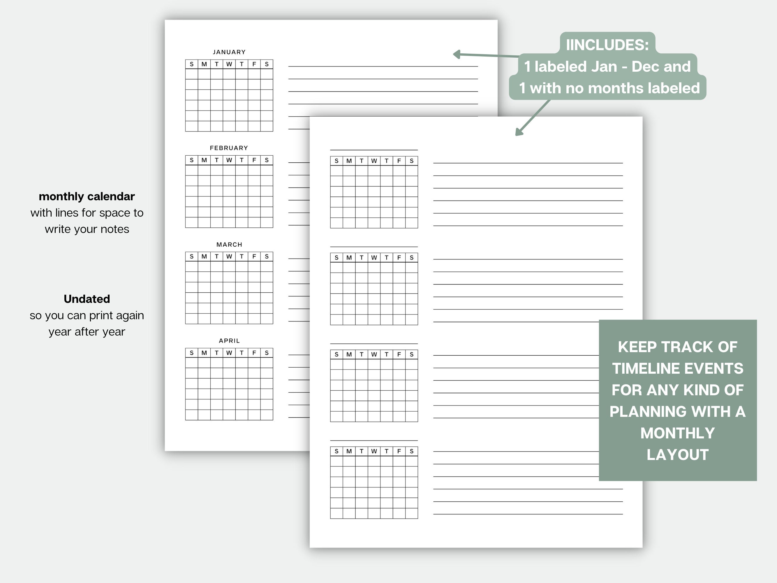 Undated Minimalistic Calendars | Track Timeline Events | Child Custody ...