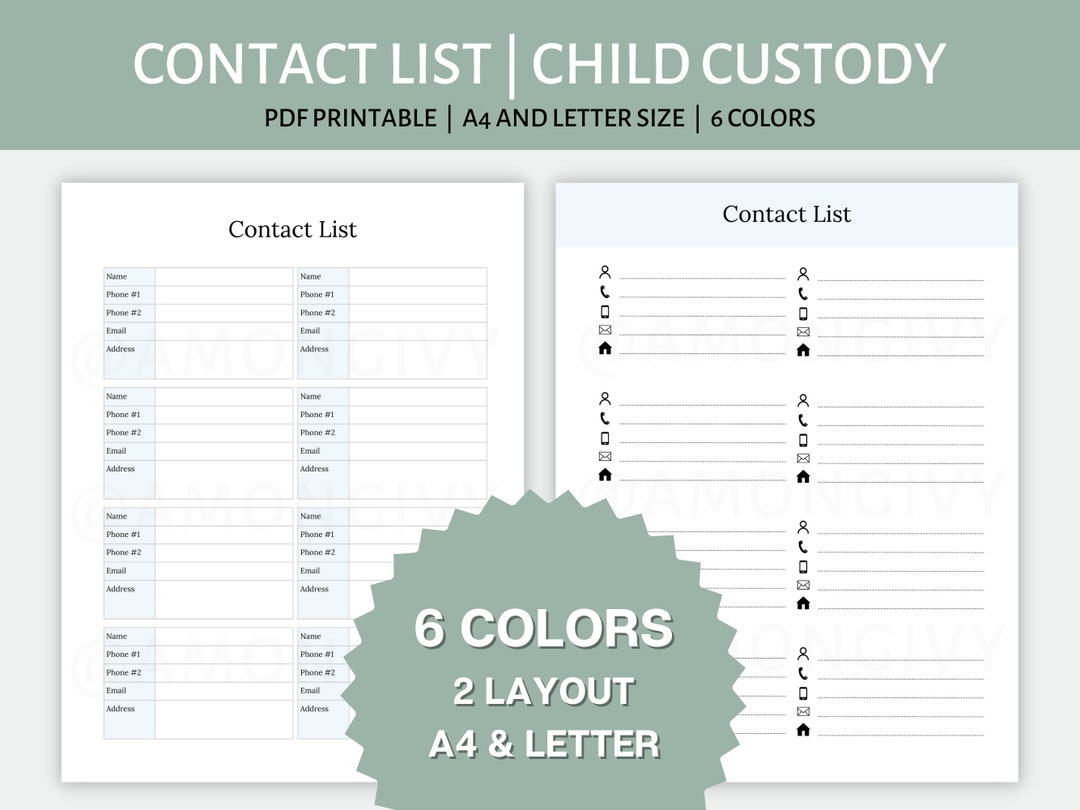 Printable Contact List | Quick Contacts for Child Custody Binders | Co ...