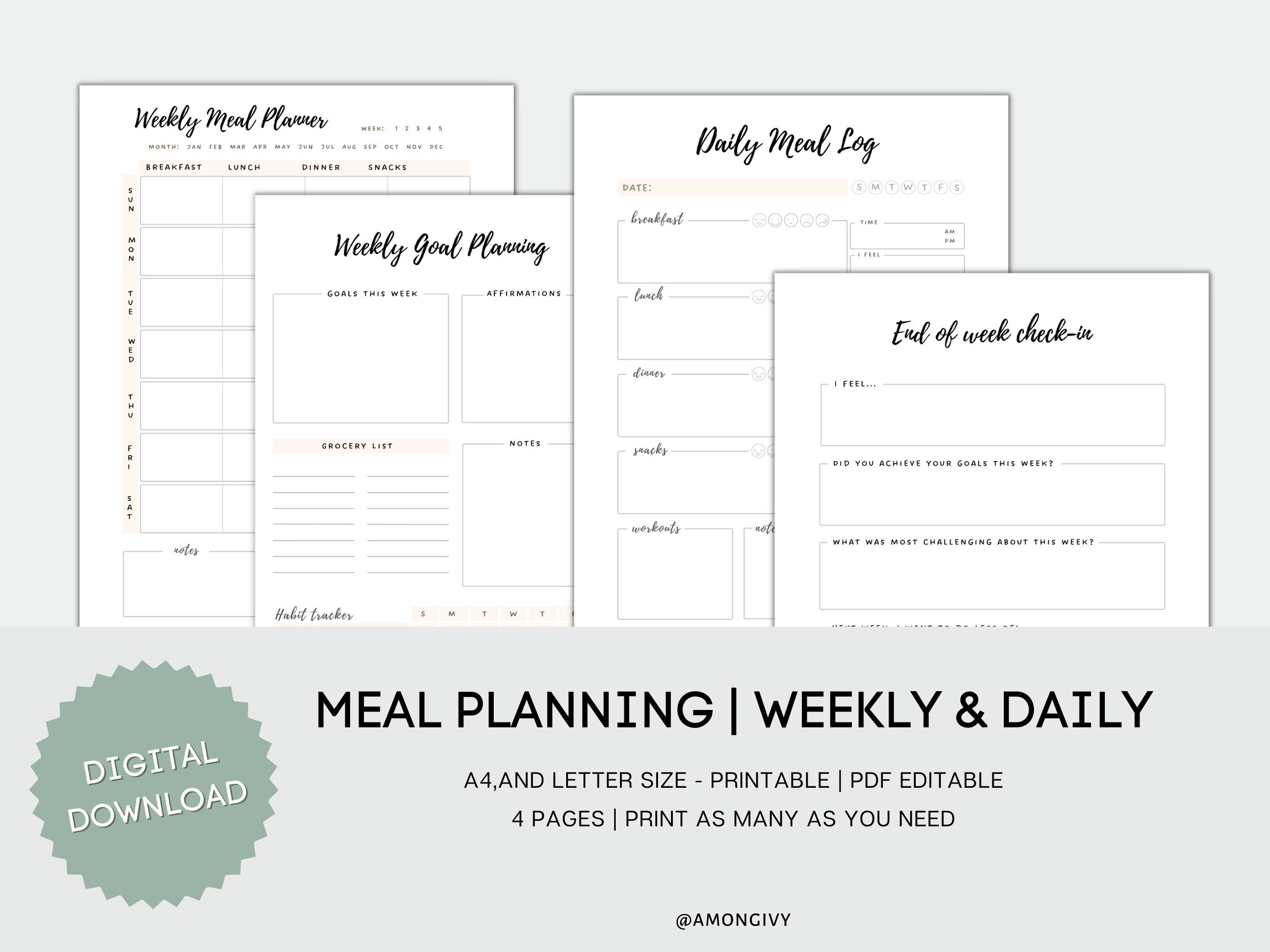 Weekly Meal Planner, Grocery List, Habit Tracker, Minimalist Meal ...