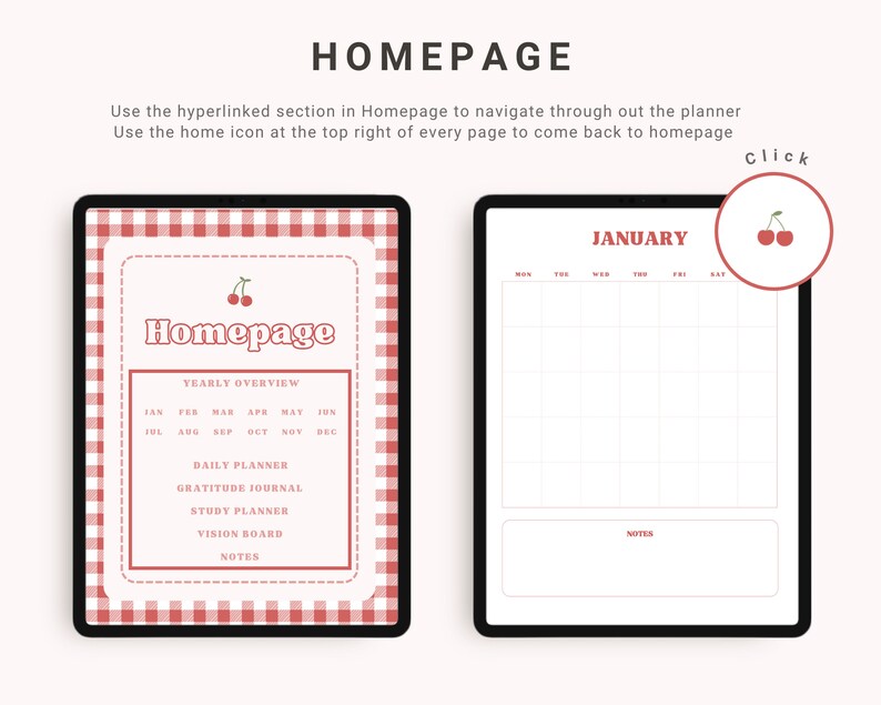 Cute Pink Undated Digital Planner for Goodnotes/cherry Digital Planner ...