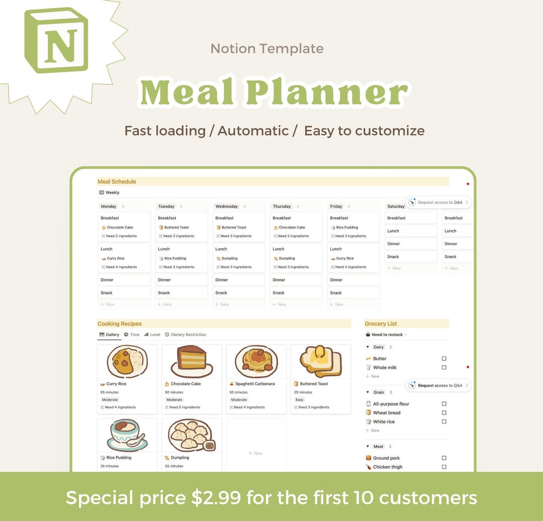 Simple Notion Meal Planner Template Weekly Meal Planning, Grocery List ...