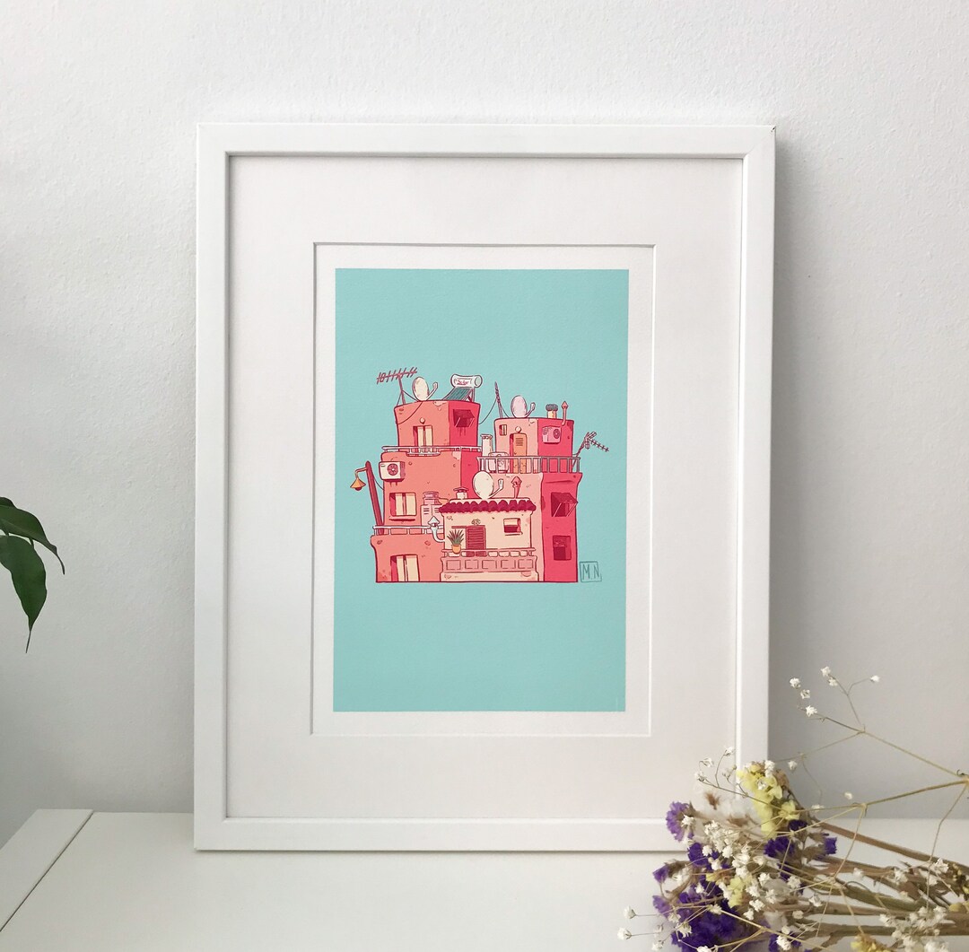 Little Buildings Art Print, Fine Art Giclee, Comic Cartoon - Etsy
