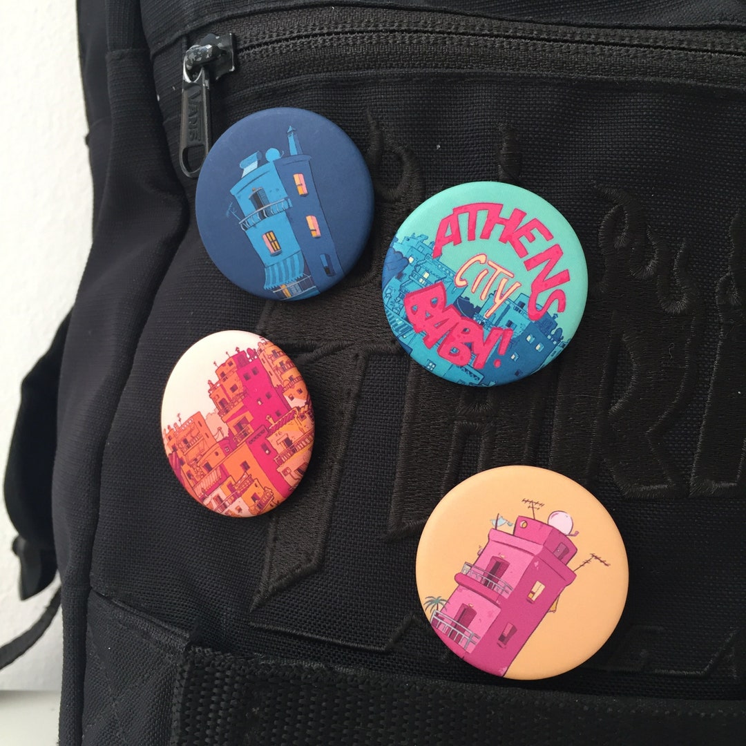 Athens Button Pins, Handmade Badge, Cartoon Illustration, Individual or ...