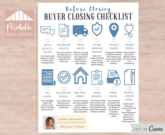 Real Estate Home Buyer Closing Checklist Real Estate | Etsy