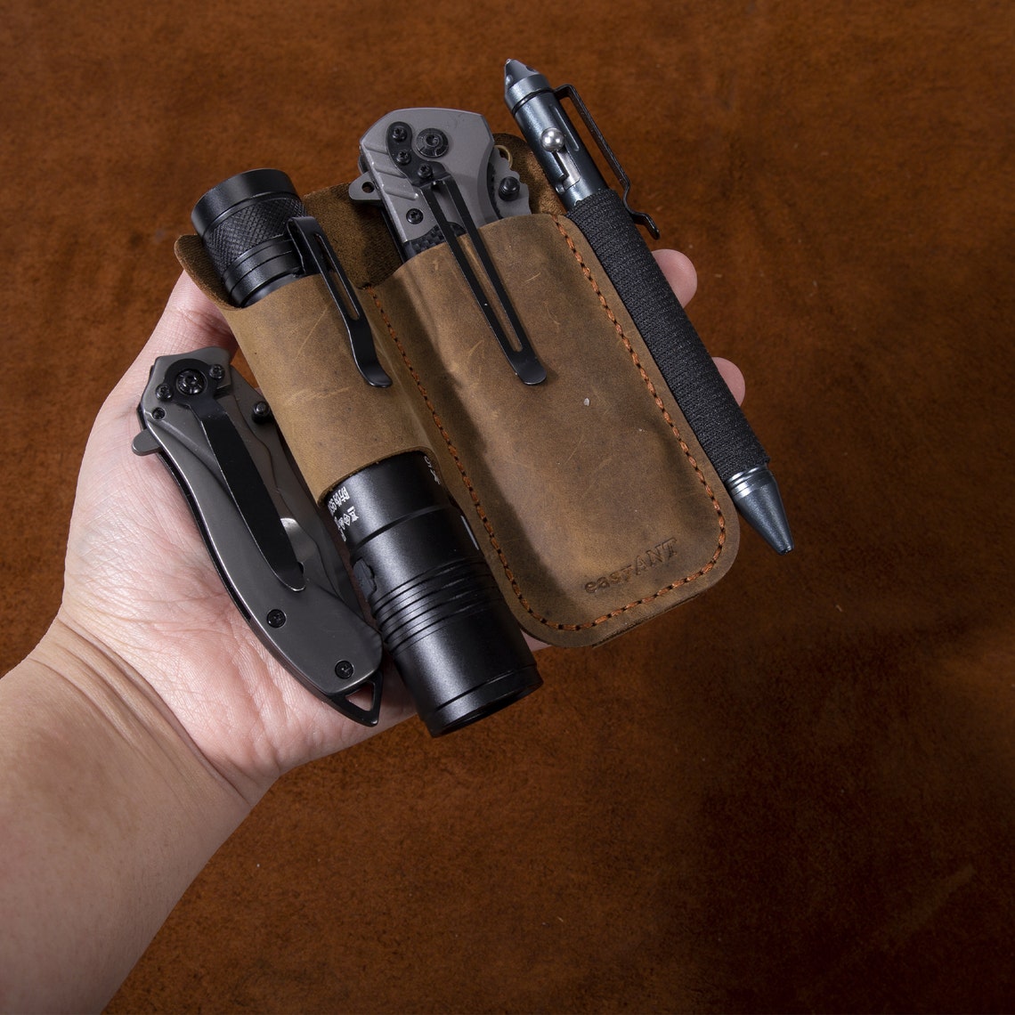 Edc Pocket Organizer Leather Sheath Folding Knife Tactical Pen ...