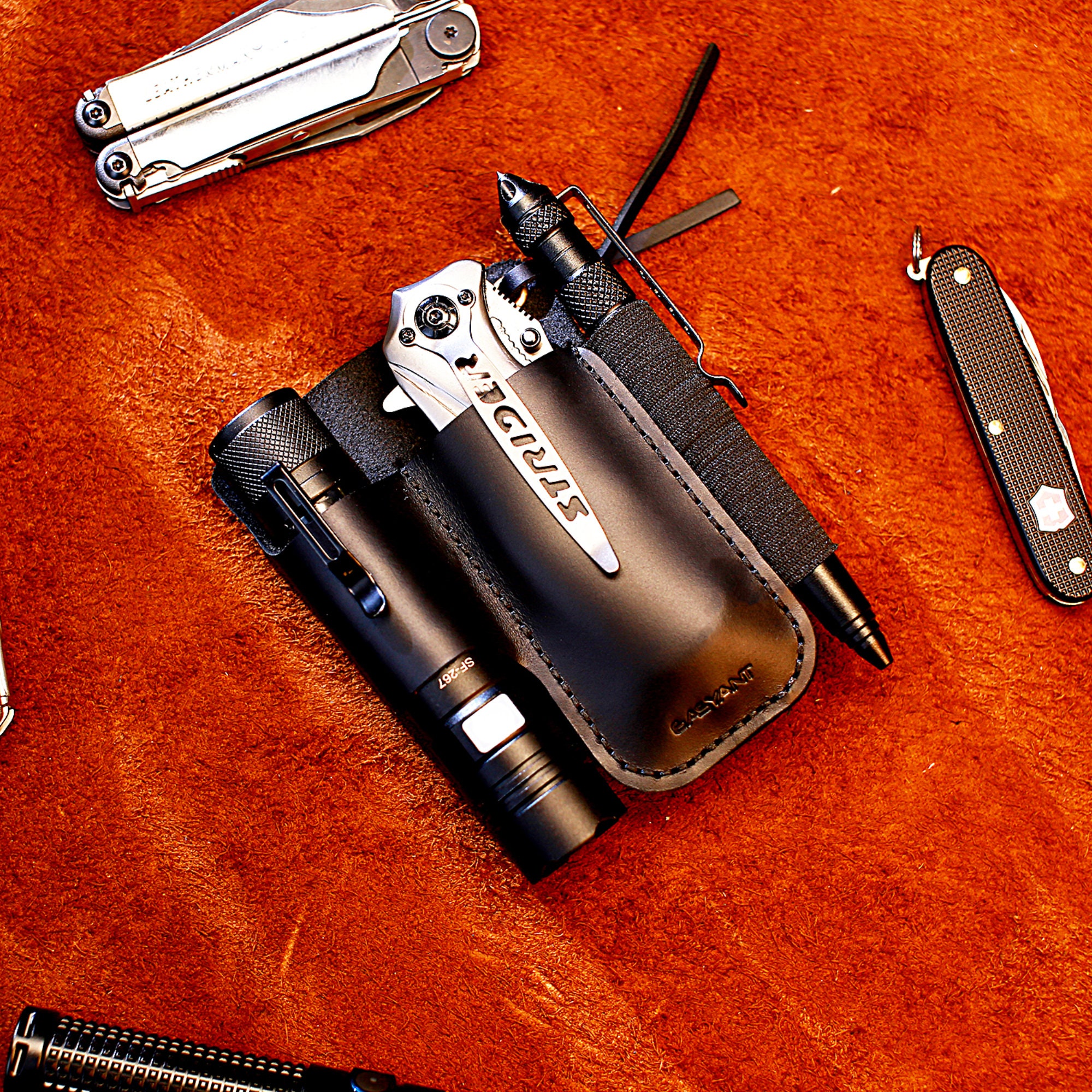 Edc Pocket Organizer Leather Sheath Folding Knife Tactical Pen ...