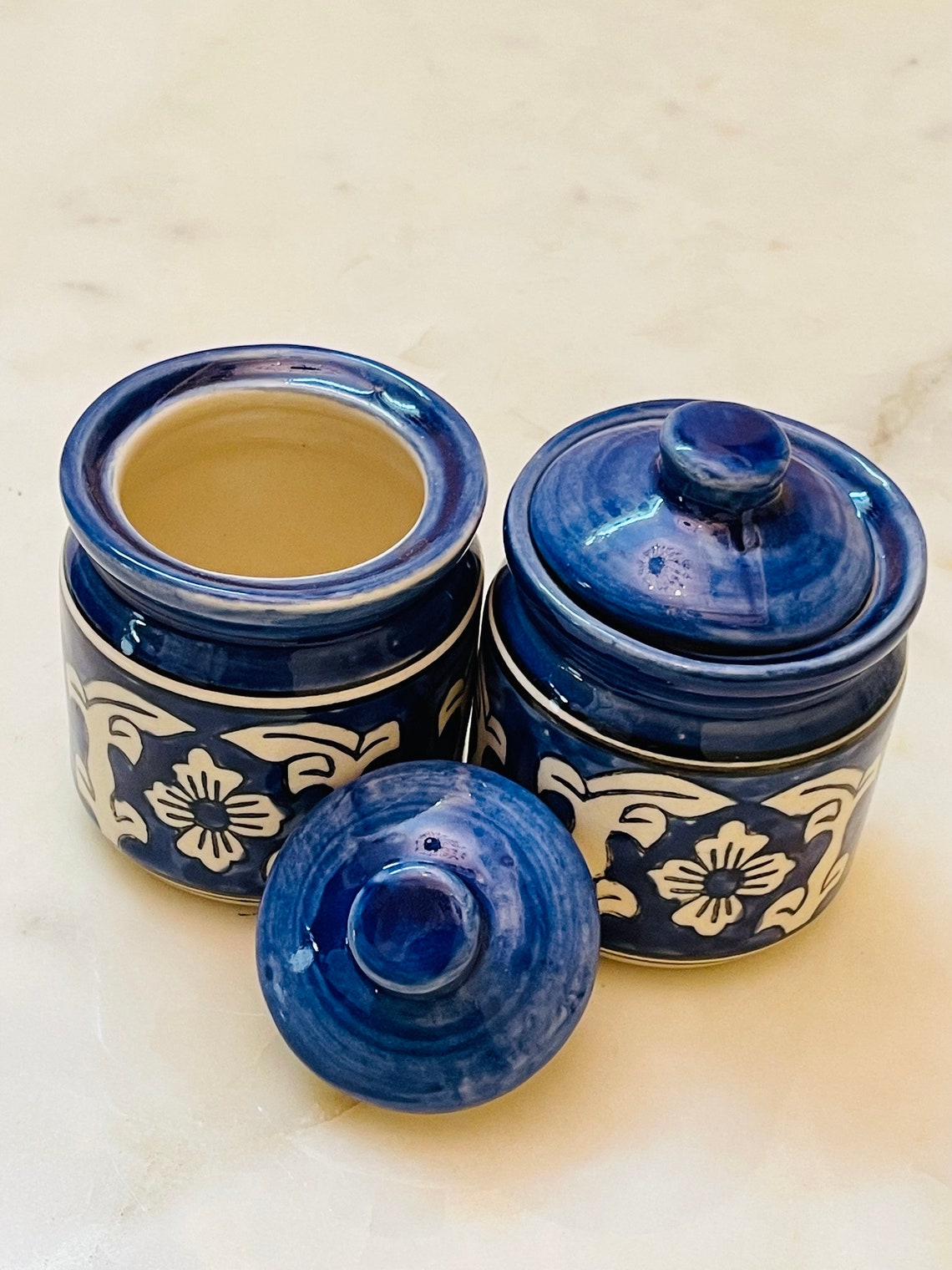 Blue Pottery Jar Set of Two, Hand Painted Jar, Cookie and Sugar Jar ...