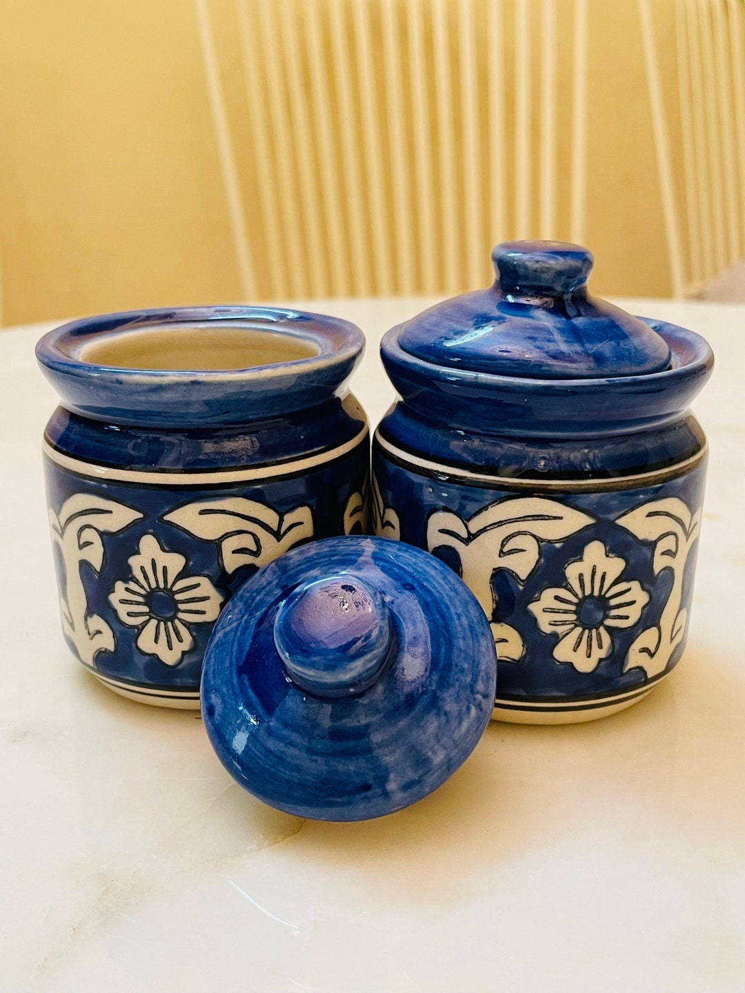 Blue Pottery Jar Set of Two, Hand Painted Jar, Cookie and Sugar Jar ...