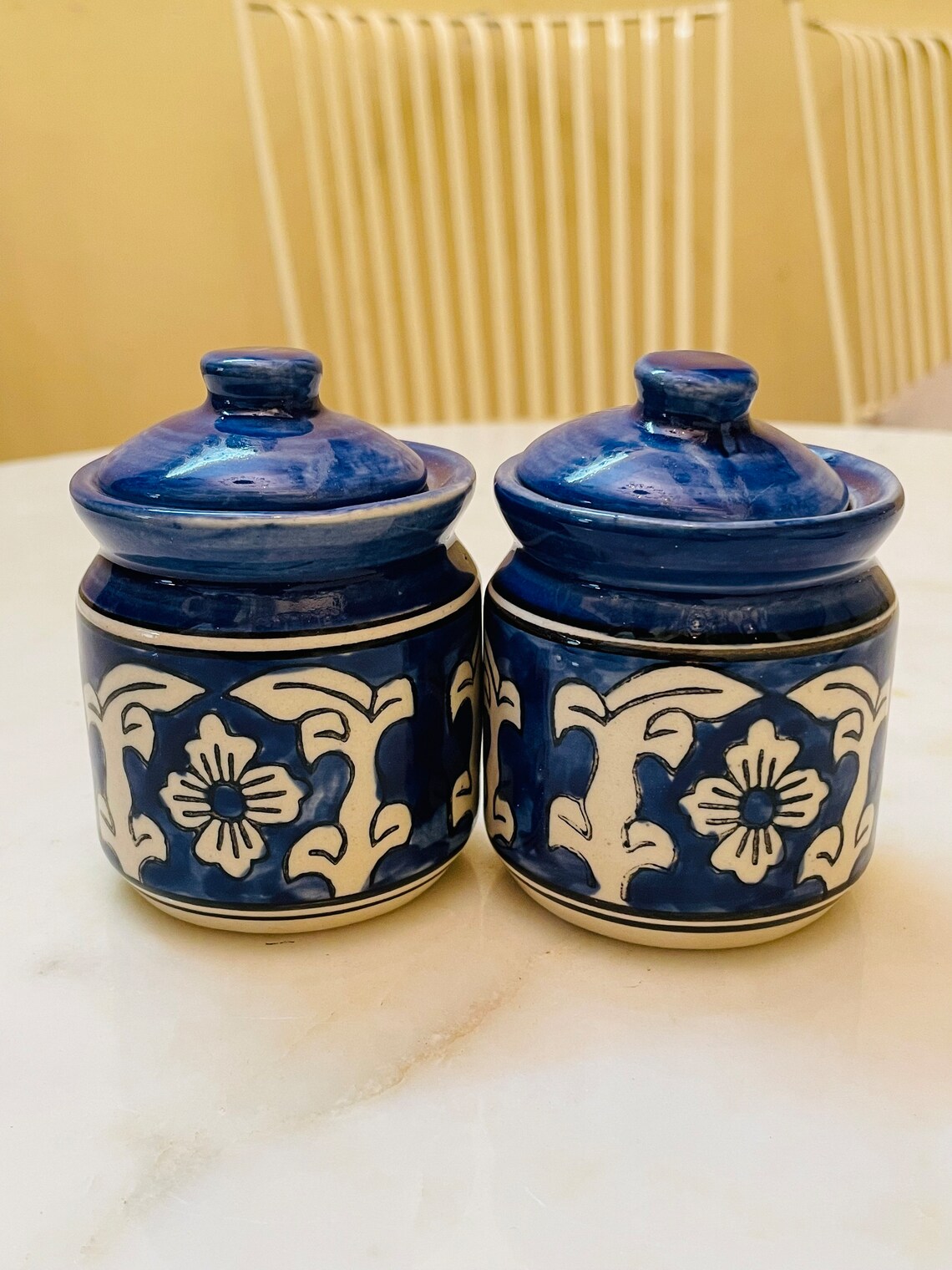 Blue Pottery Jar Set of Two, Hand Painted Jar, Cookie and Sugar Jar ...