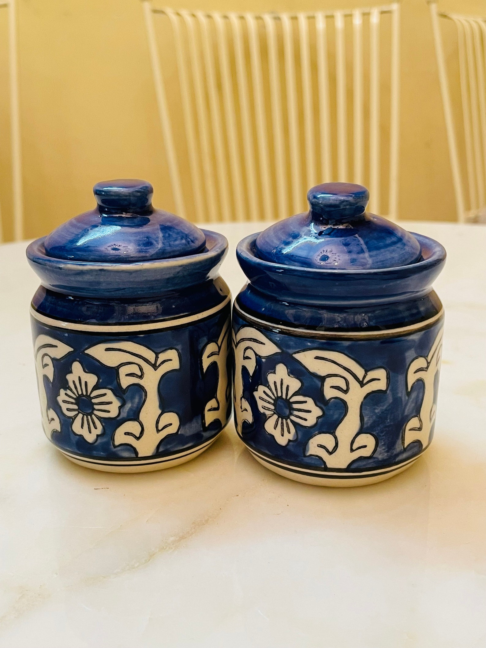 Blue Pottery Jar Set of Two, Hand Painted Jar, Cookie and Sugar Jar ...