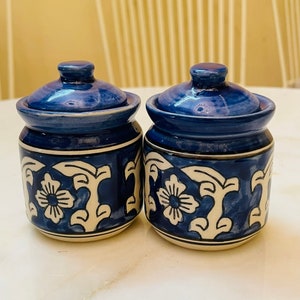 Blue Pottery Jar Set of Two, Hand Painted Jar, Cookie and Sugar Jar ...