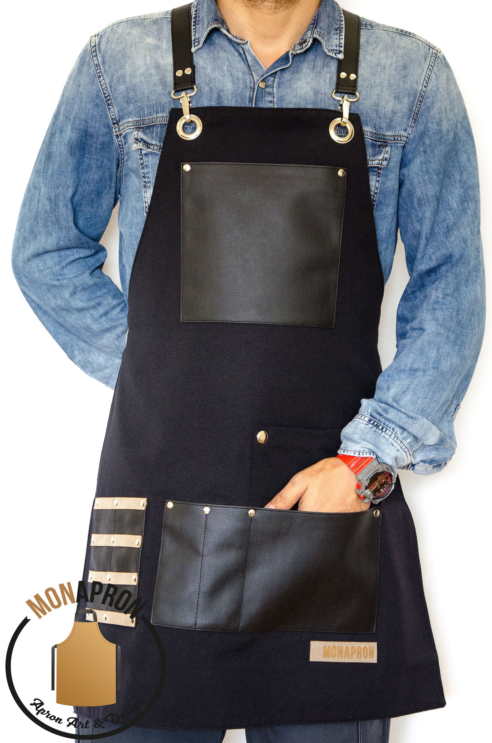 Canvas Workshop Apron for Women and Men With Vegan Leather Pockets and ...