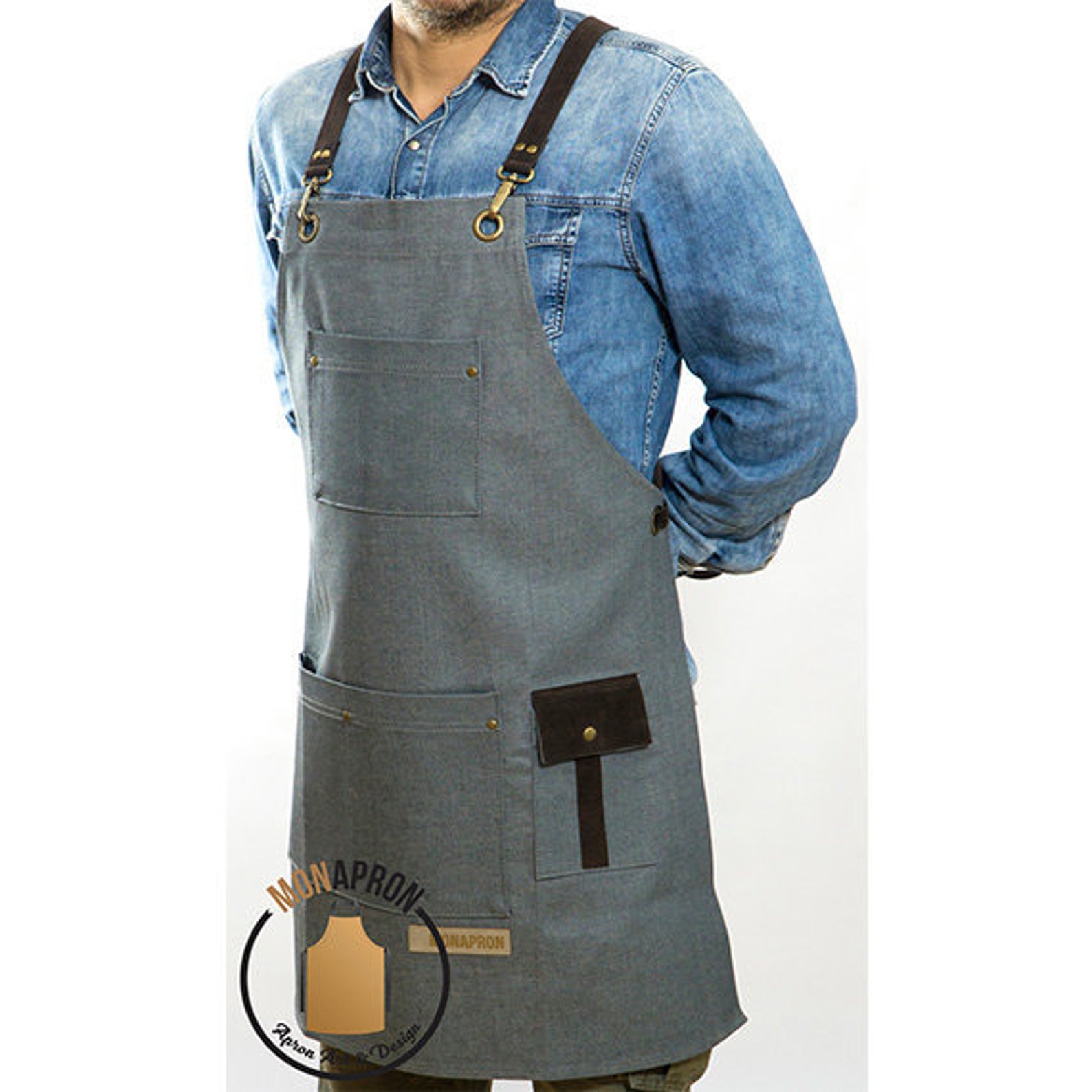 Denim Apron Free Personalized Gift for Men Barista Apron Bbq - Etsy