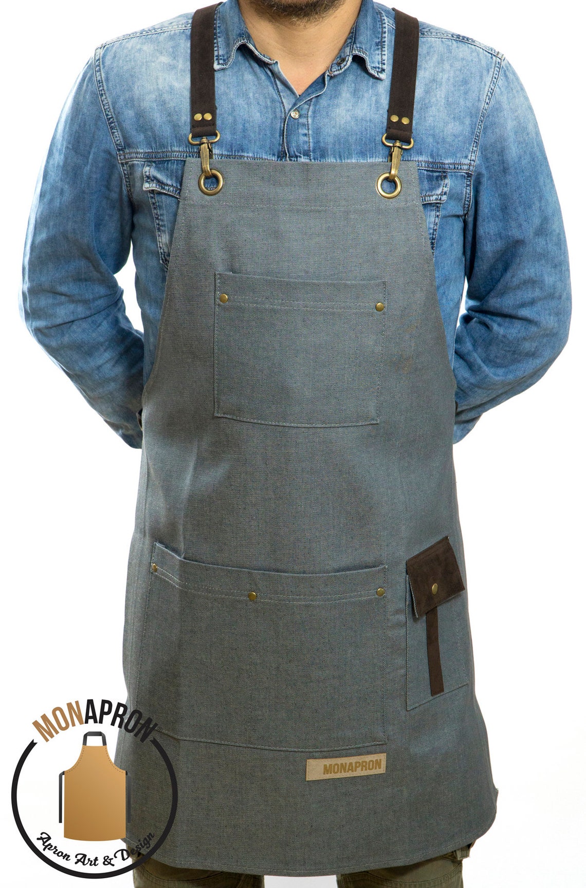 Denim Apron Free Personalized Gift for Men Barista Apron Bbq - Etsy