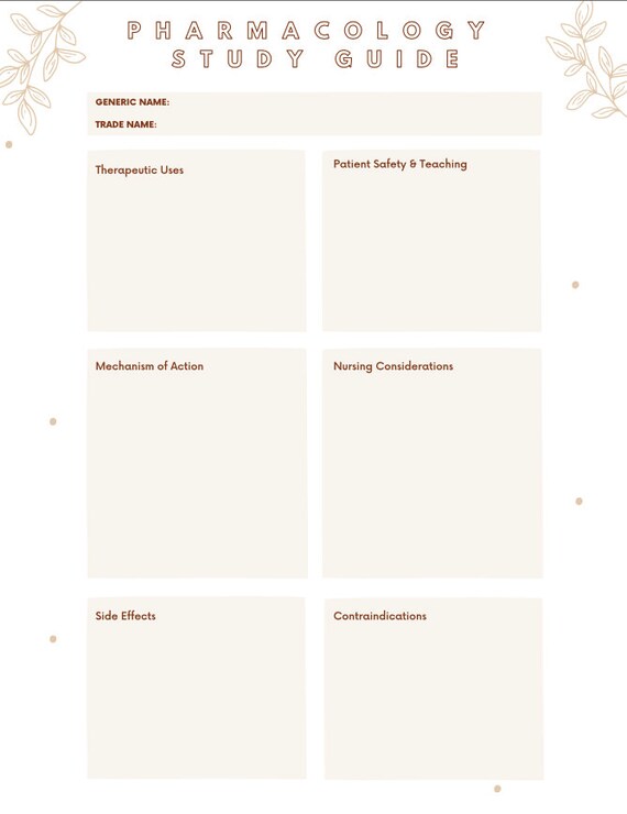 Pharmacology Study Guide Chart Template Nursing School Drug | Etsy