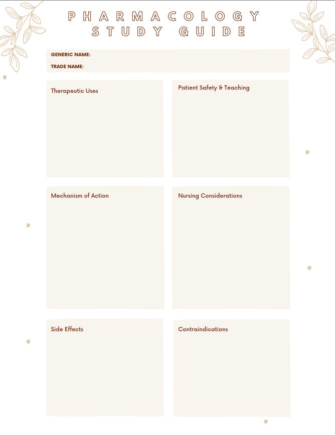 Pharmacology Study Guide Chart Template, Nursing School, Drug ...