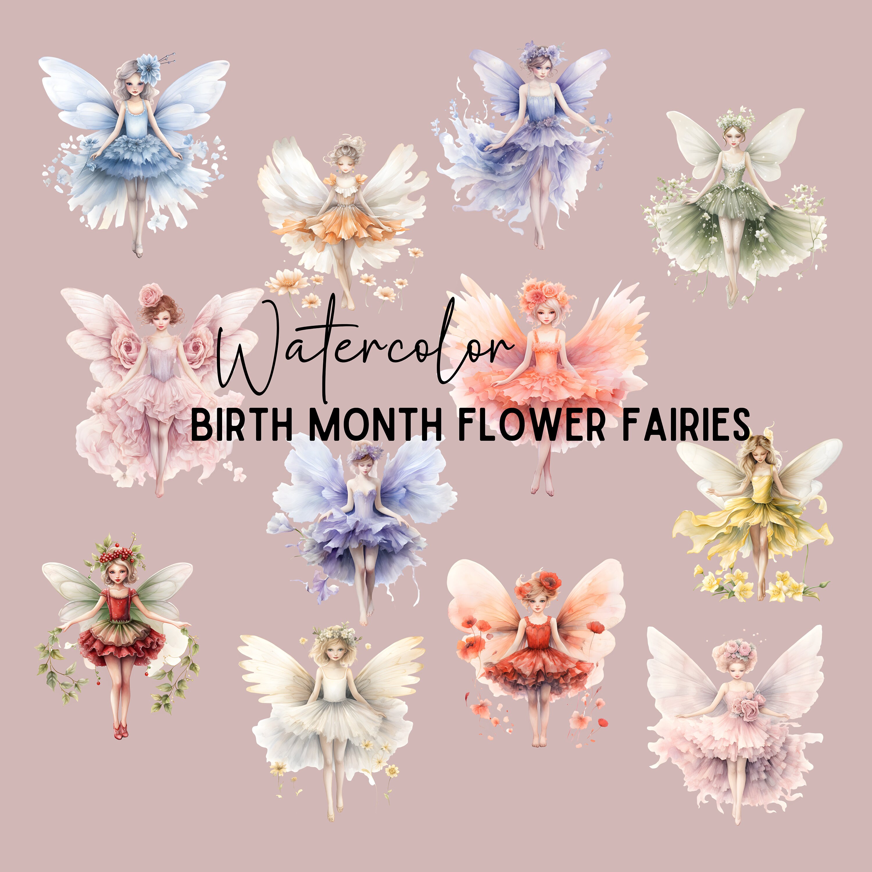 Birth Month Flower Fairy Stickers SVG, PNG, Wall Art Watercolor Fairies ...