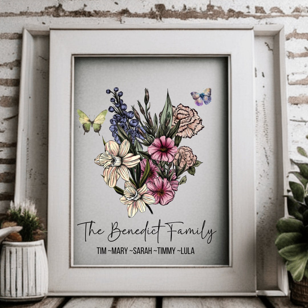 Birth Flower Family Bouquet, Birth Month Flower Art Custom, Hand Drawn ...