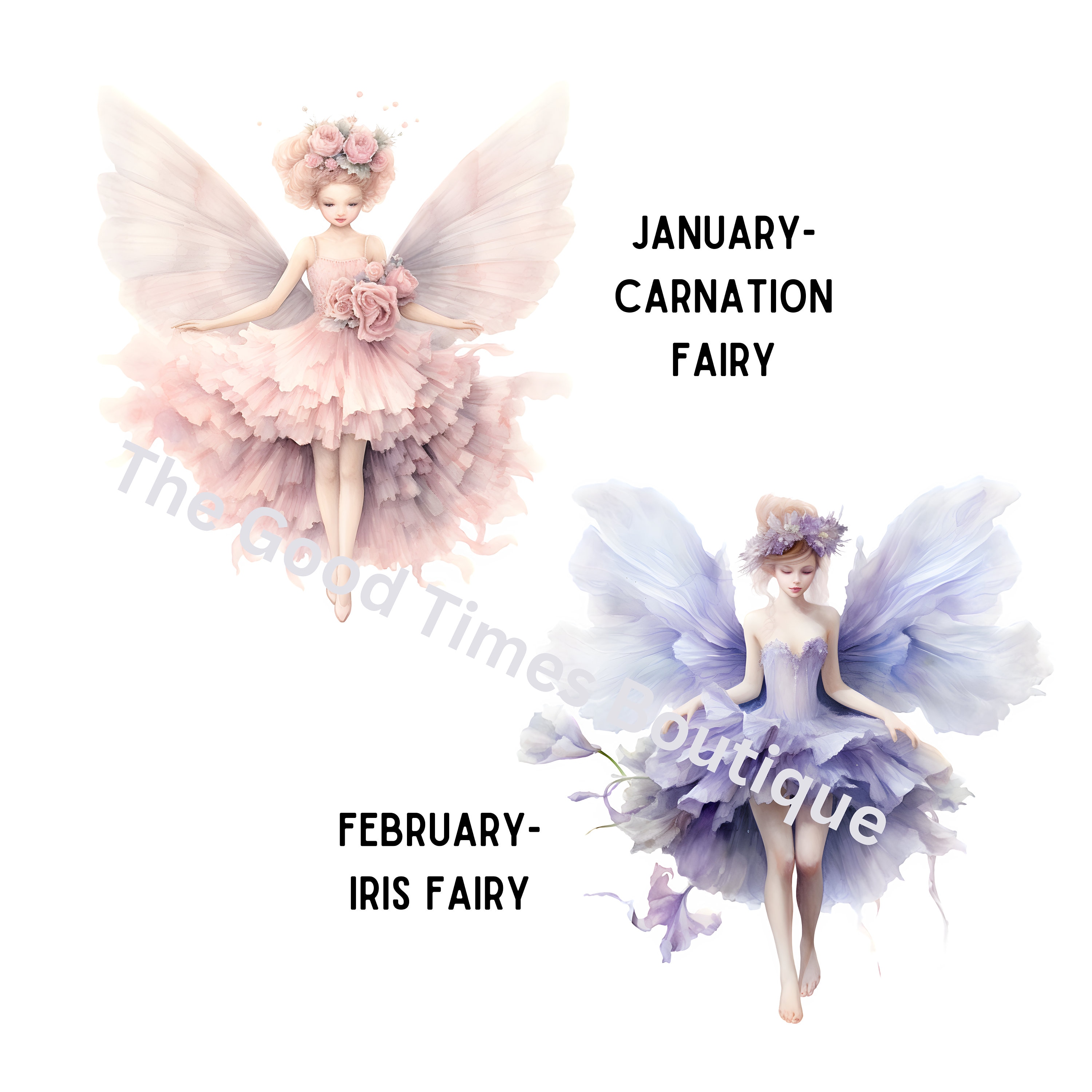 Birth Month Flower Fairy Stickers SVG, PNG, Wall Art Watercolor Fairies ...