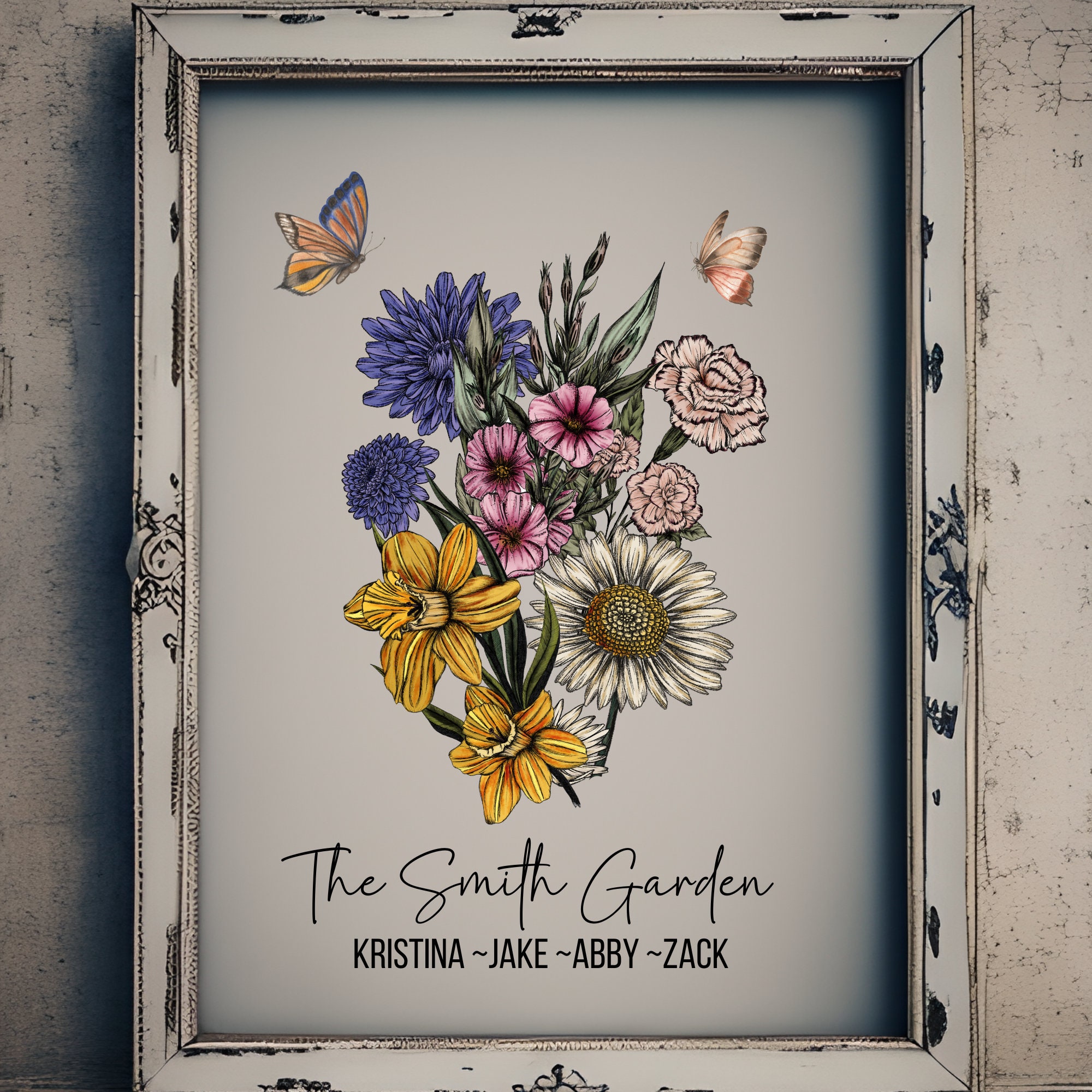 Birth Flower Family Bouquet, Birth Month Flower Art Custom, Hand Drawn ...